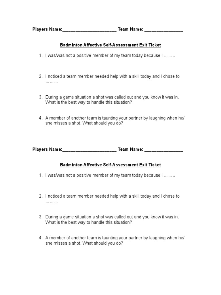 Exit Ticket Self-Assessment | PDF