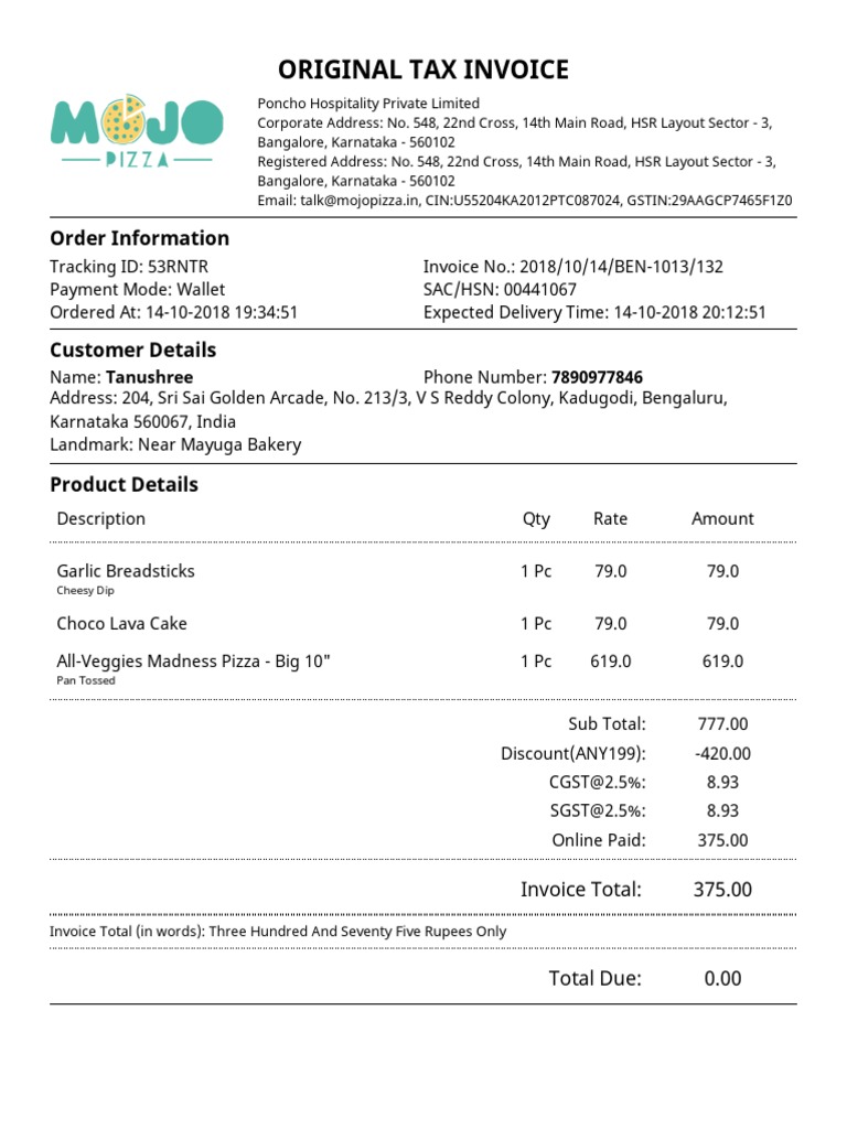 Original Tax Invoice: Order Information | PDF