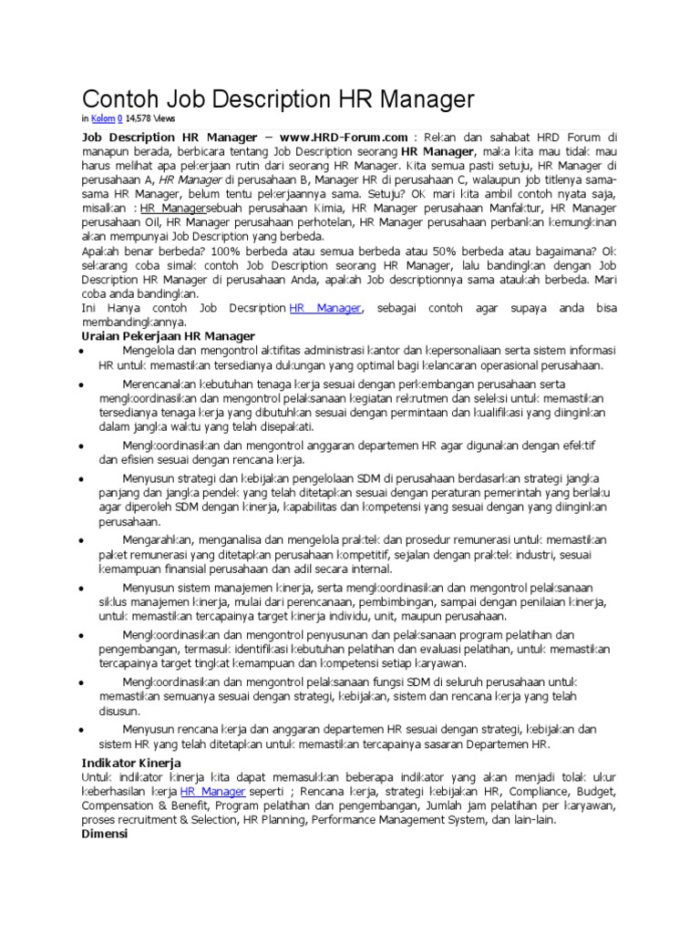 Contoh Job Description HR Manager | PDF