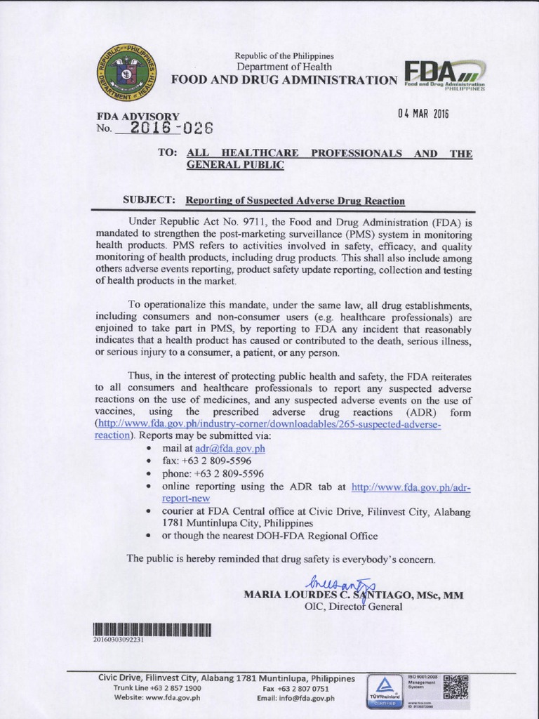 FDA Advisory No. 2016-026 Reporting of Suspected ADR | PDF