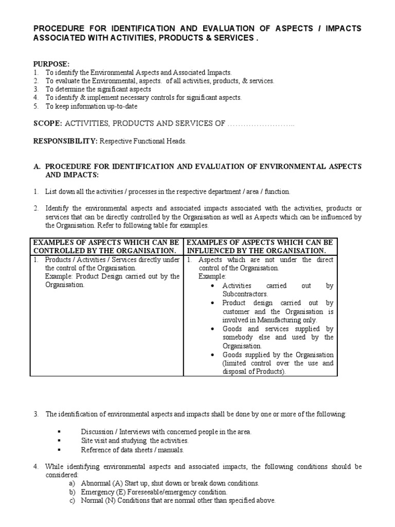 Aspect Impact Evaluation Procedure. | PDF | Environmental Impact ...