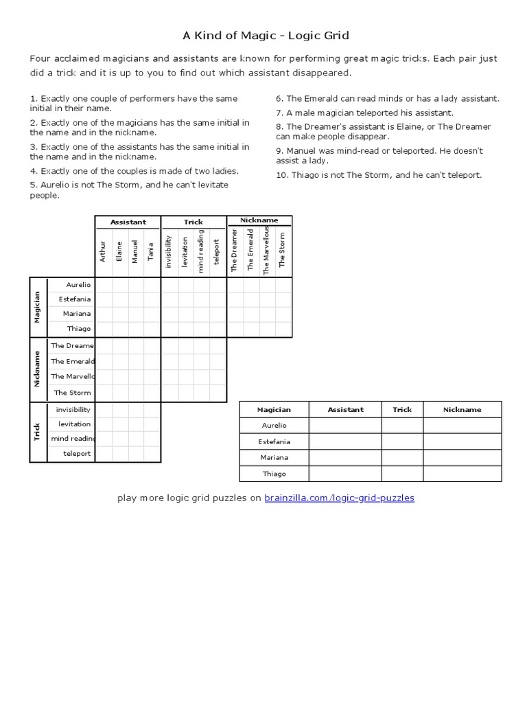 A Kind of Magic Logic Grid | Download Free PDF | Magic (Illusion ...