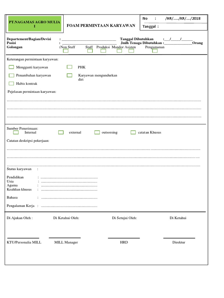 Form Permintaan Karyawan Nam I | PDF | Bisnis | Karier & Perkembangan