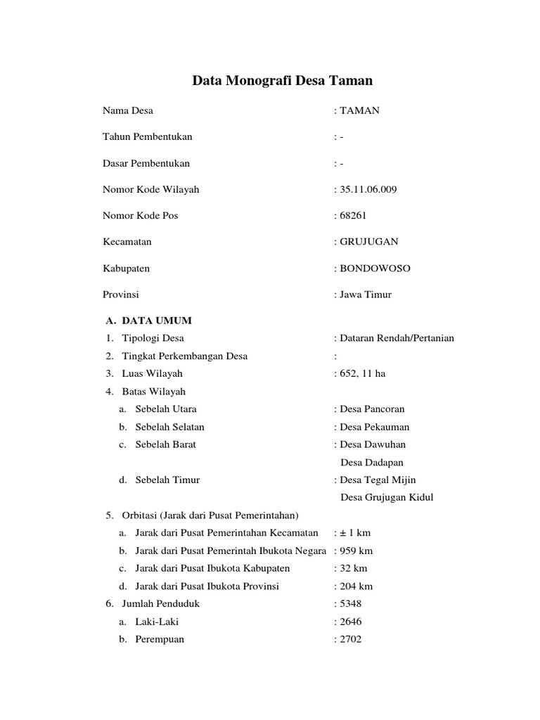 Data Monografi Desa Taman | PDF