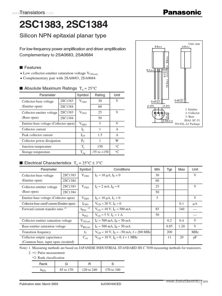 2SC1383, 2SC1384: Silicon NPN Epitaxial Planar Type | PDF | Electricity ...