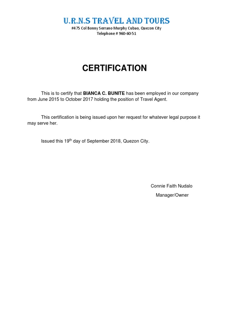 Employment Certification for Travel Agent | PDF | Law