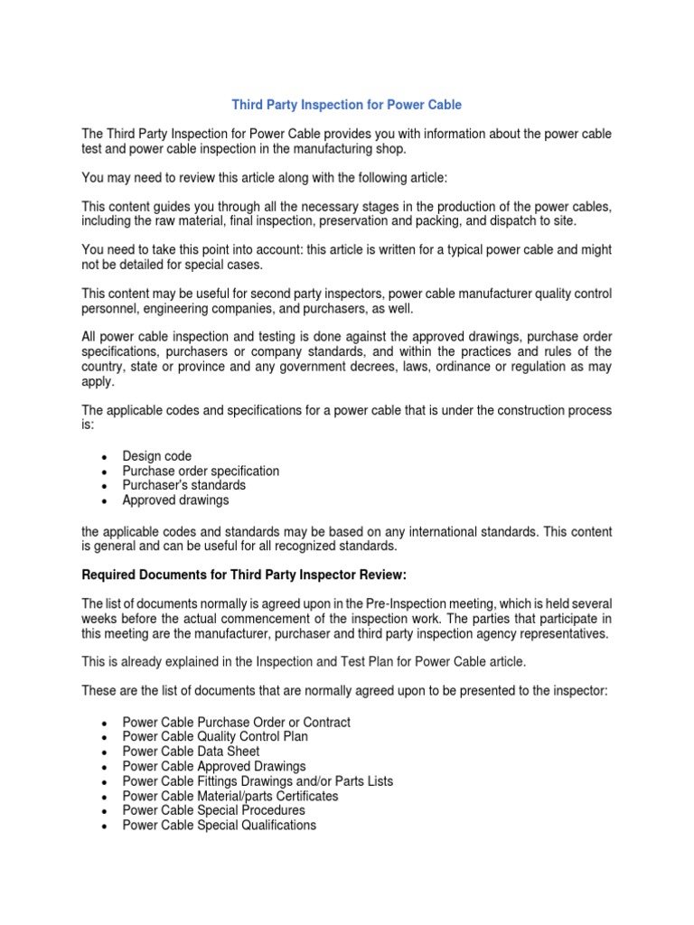 Third Party Inspection For Power Cable | PDF | Specification (Technical ...