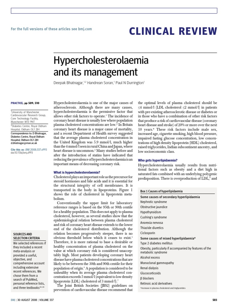 Hypercholesterolaemia and Its Management: Clinical Review | PDF | Hypercholesterolemia | Cholesterol