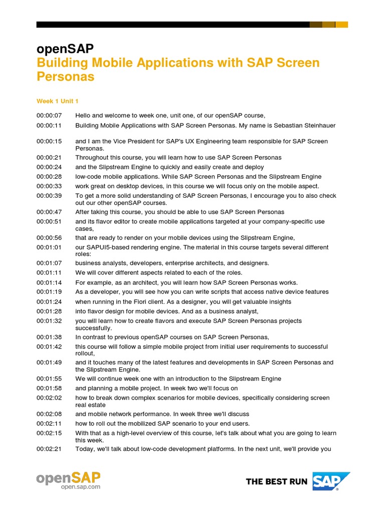 OpenSAP Sps4 Week 1 Transcript en | PDF | Mobile App | Application Software OpenSAP Sps4 Week 1 Transcript en | PDF | Mobile App | Application Software