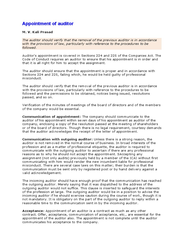 Appointment of Auditor