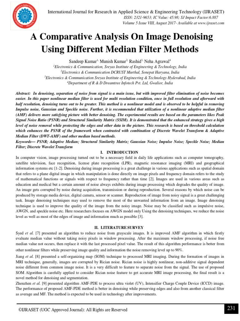 A Comparative Analysis On Image Denoising Using Different Median Filter Methods Pdf Wavelet