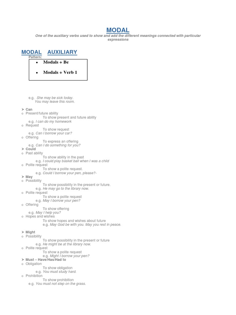 A Comprehensive Guide to English Modal Auxiliaries | PDF | Linguistic Morphology | Syntax