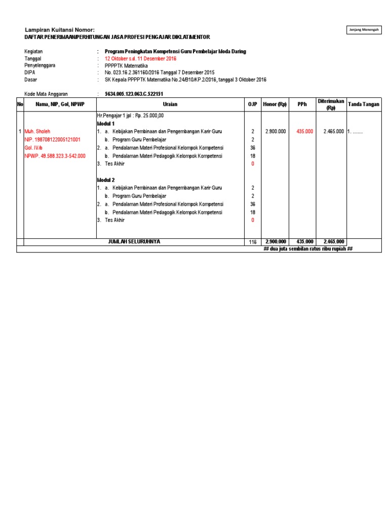 1-Contoh Honor Mentor | PDF