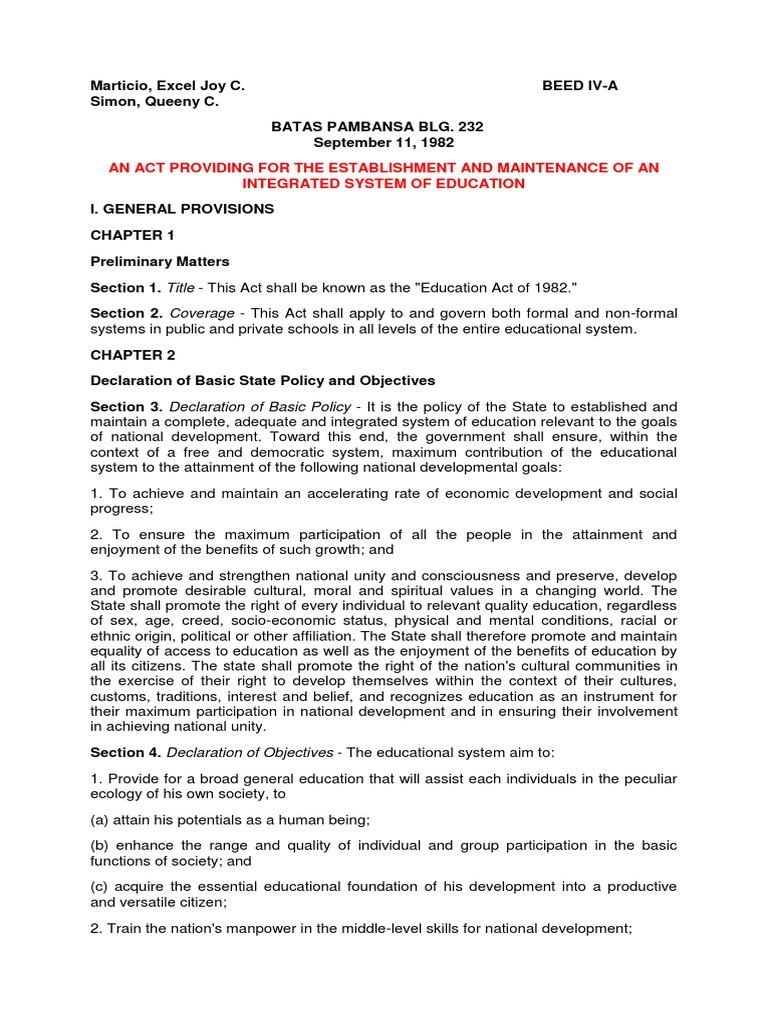 Batas Pambansa Bilang 232 | PDF | Schools | Private School