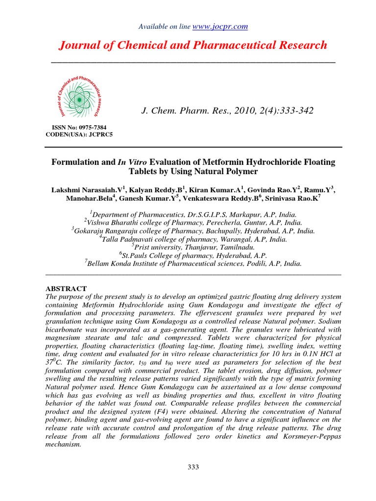 Formulation And In Vitro Evaluation Of Metformin Hydrochloride Floating Tablets By Using Natural