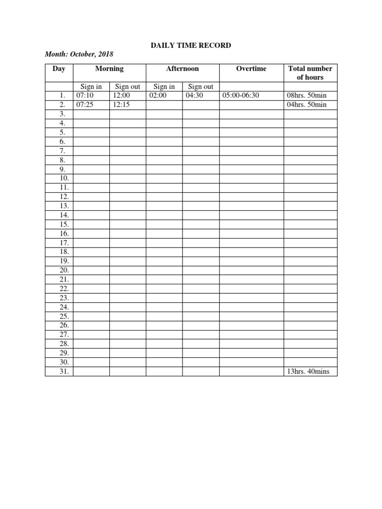 Month: October, 2018: Daily Time Record | PDF