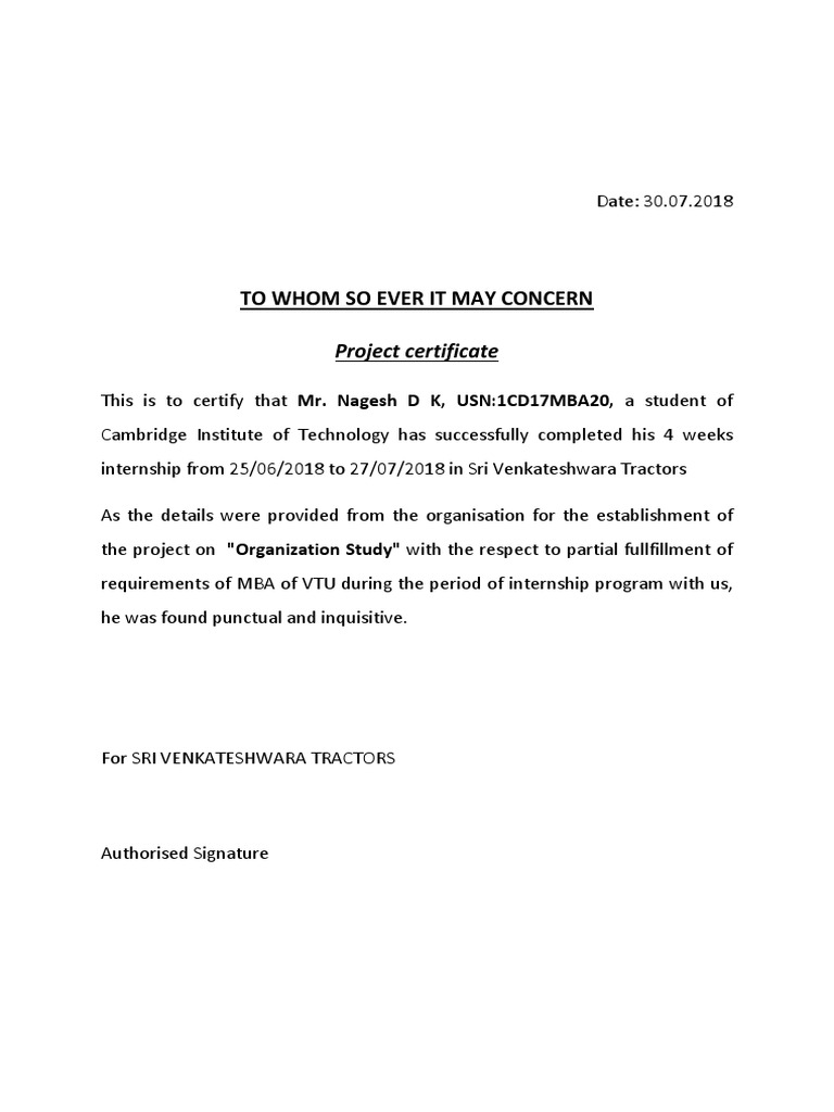 To Whom So Ever It May Concern: Project Certificate | PDF