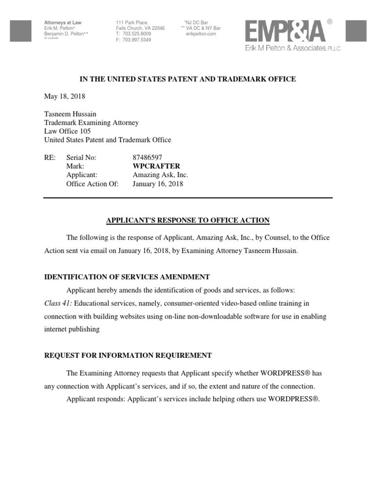 WPCRAFTER trademark application Office Action Response | Websites ...