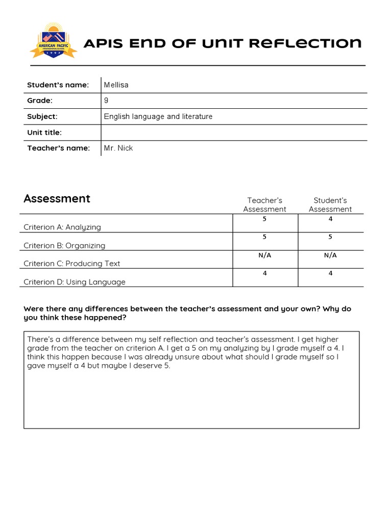 Mellisa Zheng - End of Unit Reflection Form | PDF | Vocabulary | Learning