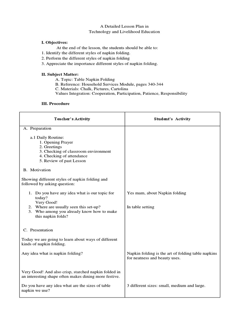 Table Napkin LP | PDF | Lesson Plan | Teachers