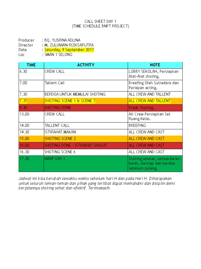 Contoh Call Sheet Day 1 | PDF