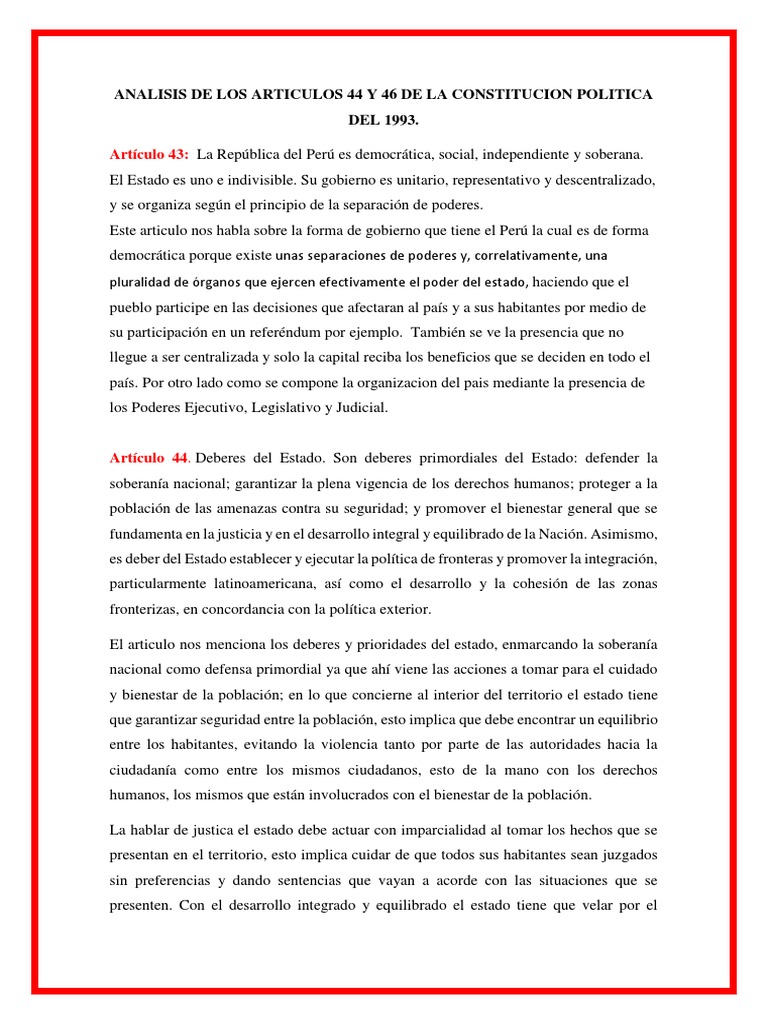 Análisis de Artículos 44 y 46 de la Constitución Peruana | PDF ...