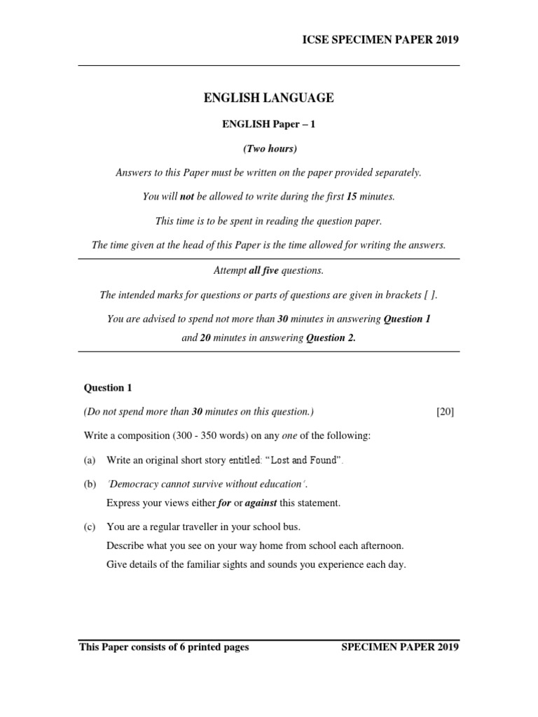 ICSE English Paper 1 Specimen 2019 | PDF | Question | English Language