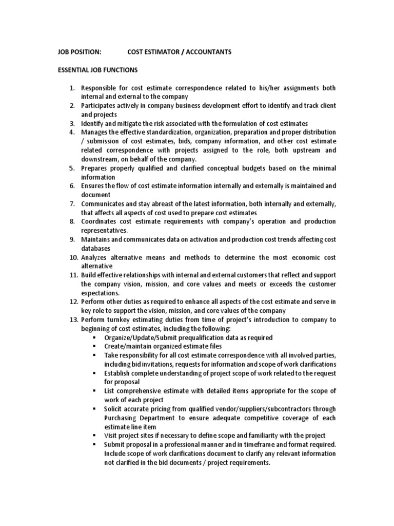 Cost Estimator Job Description - For Merge | PDF | Business