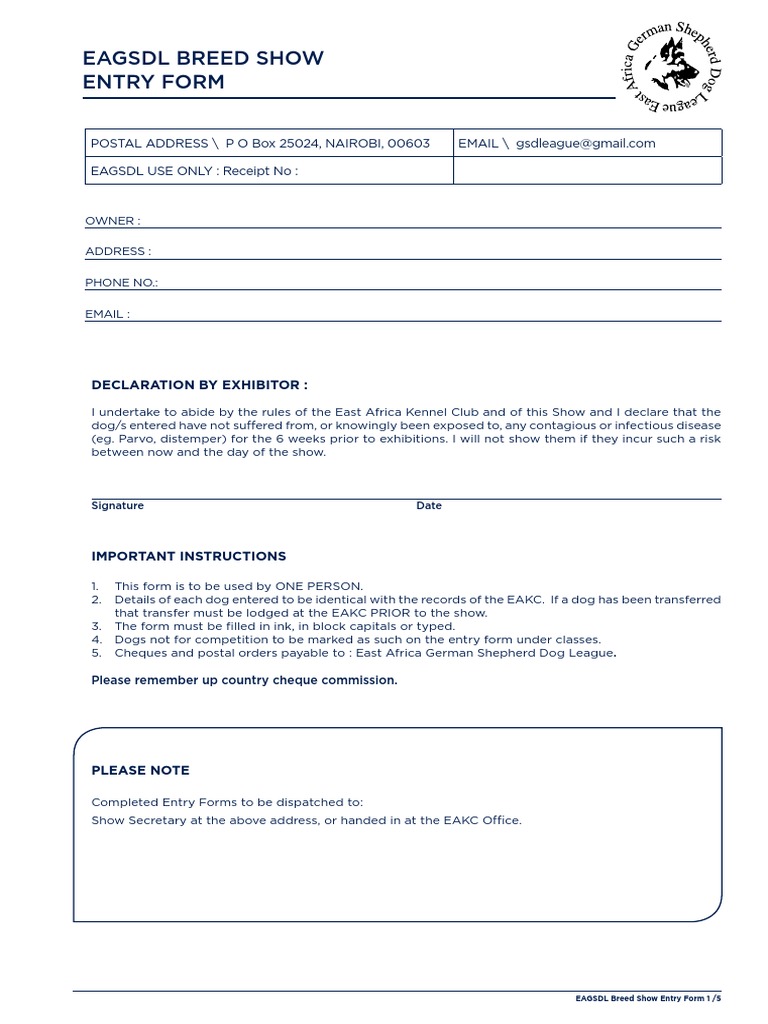 EAGSDL - Show Entry Form PDF | PDF | Dogs As Pets | Dogs