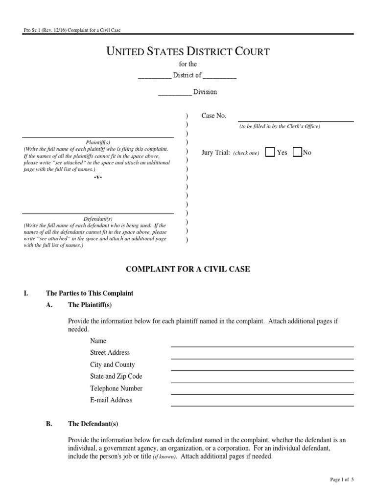 Complaint For A Civil Case | PDF | Diversity Jurisdiction | Amount In ...