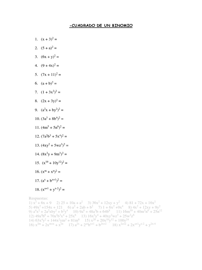 Cuadrado de Un Binomio Ejercicios | PDF