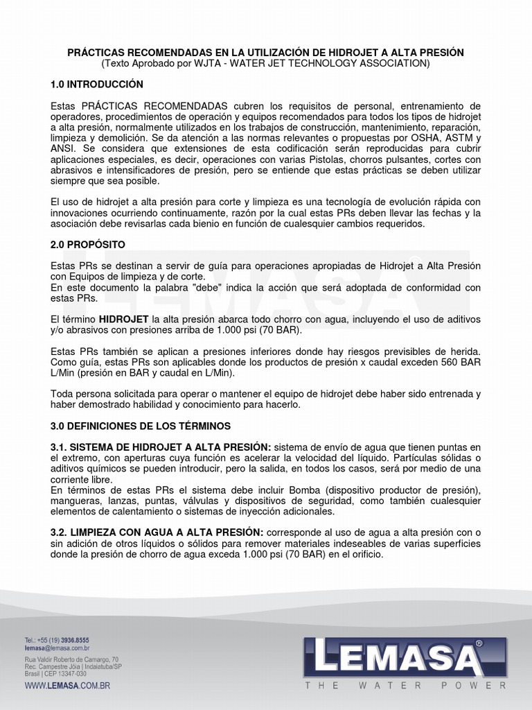 Prácticas para Uso de Hidrojet a Alta Presión | PDF | Bomba | Presión