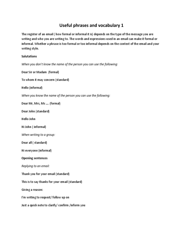 Useful Phrases and Vocabulary For Writing An Email 1 | PDF
