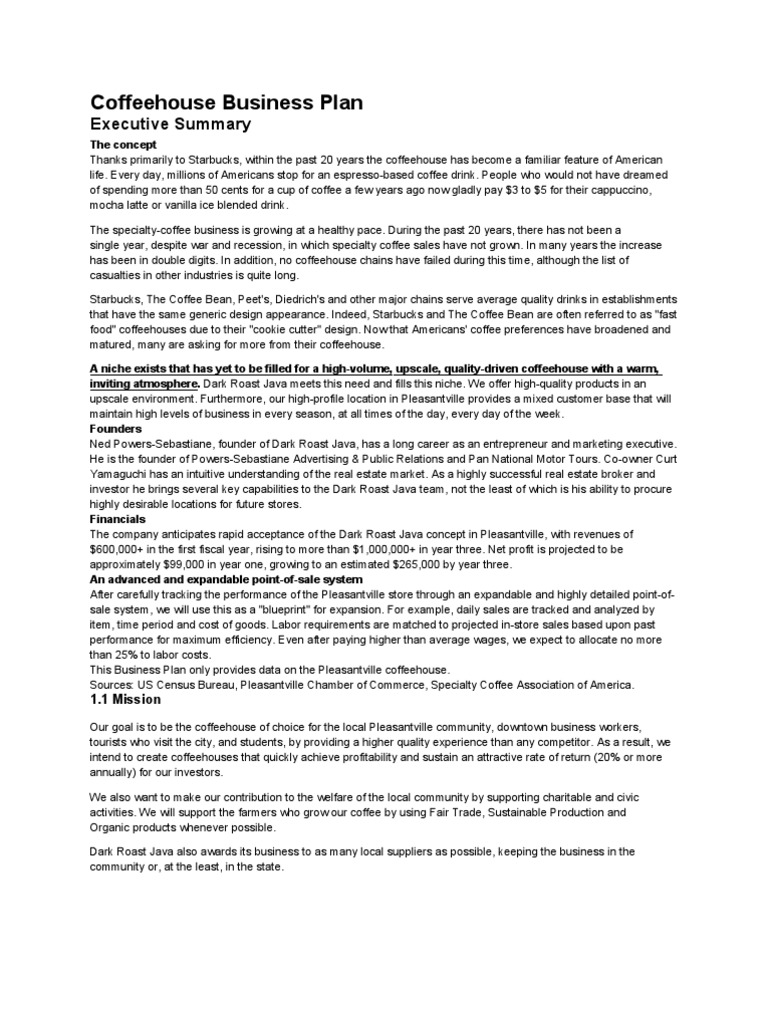 Coffeehouse Business Plan: Executive Summary | Download Free PDF ...