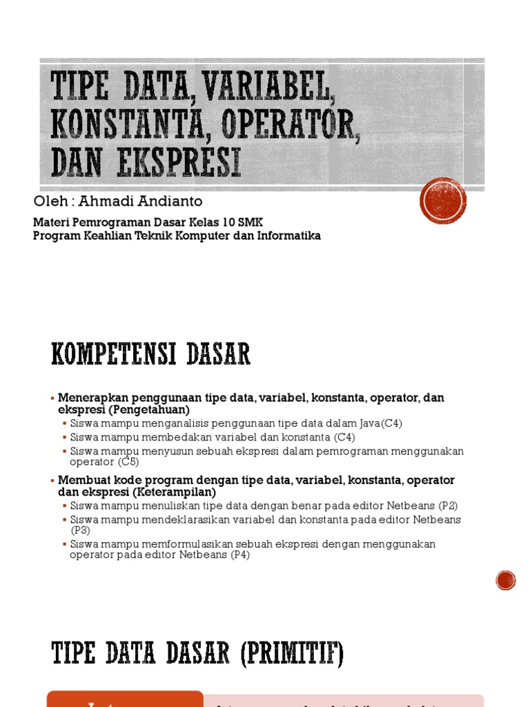 Tipe Data, Variabel, Konstanta, Operator, Dan Ekspresi | PDF Tipe Data, Variabel, Konstanta, Operator, Dan Ekspresi | PDF