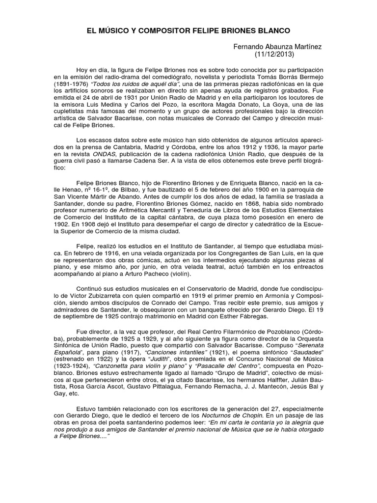 Felipe Briones Blanco: Músico y Compositor | PDF | Ópera | Madrid