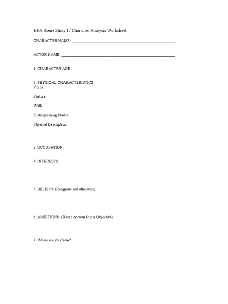 BFA Scene Study I Character Analysis Worksheet | PDF