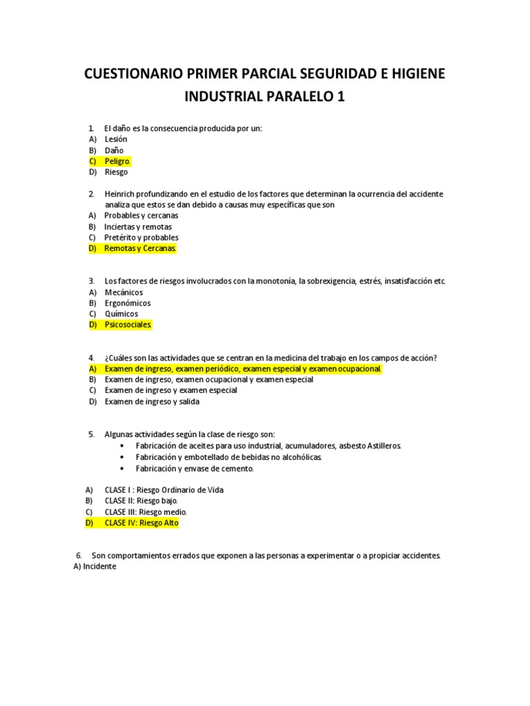 Cuestionario Primer Parcial Seguridad e Higiene Industrial Paralelo | PDF | Seguridad y salud ...