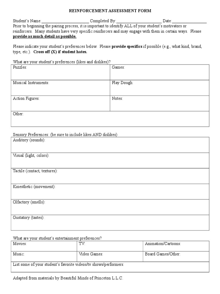 Preference Assessment Form | PDF | Candy | Toys