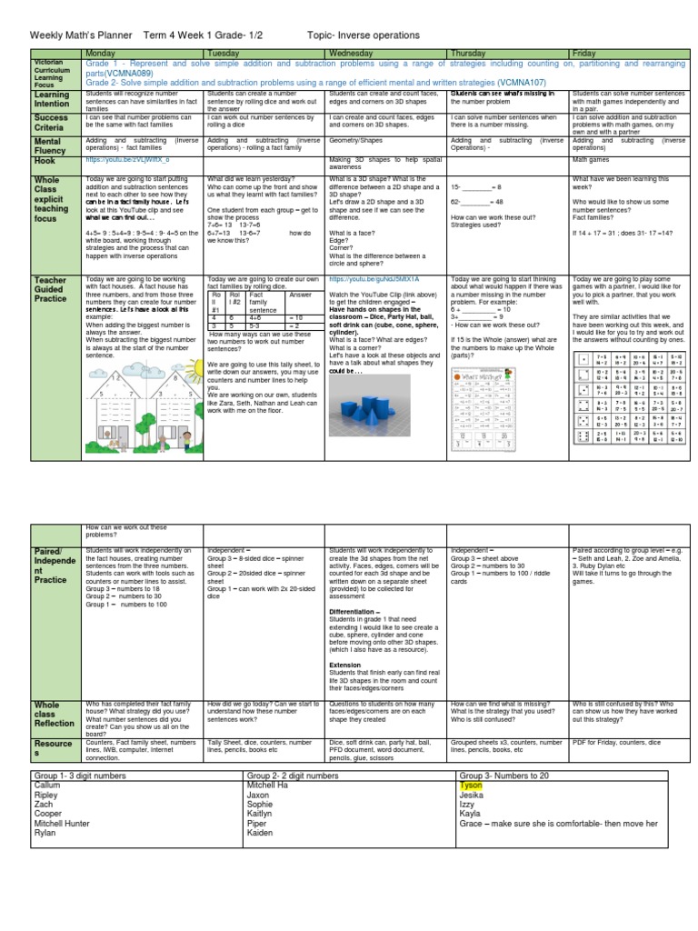 Grade 1/2 Weekly Math Planner: Inverse Operations | PDF | Dice ...