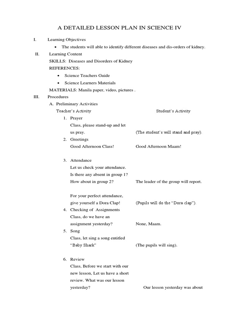 A Detailed Lesson Plan in Science Iv | PDF | Kidney | Urinary Tract ...