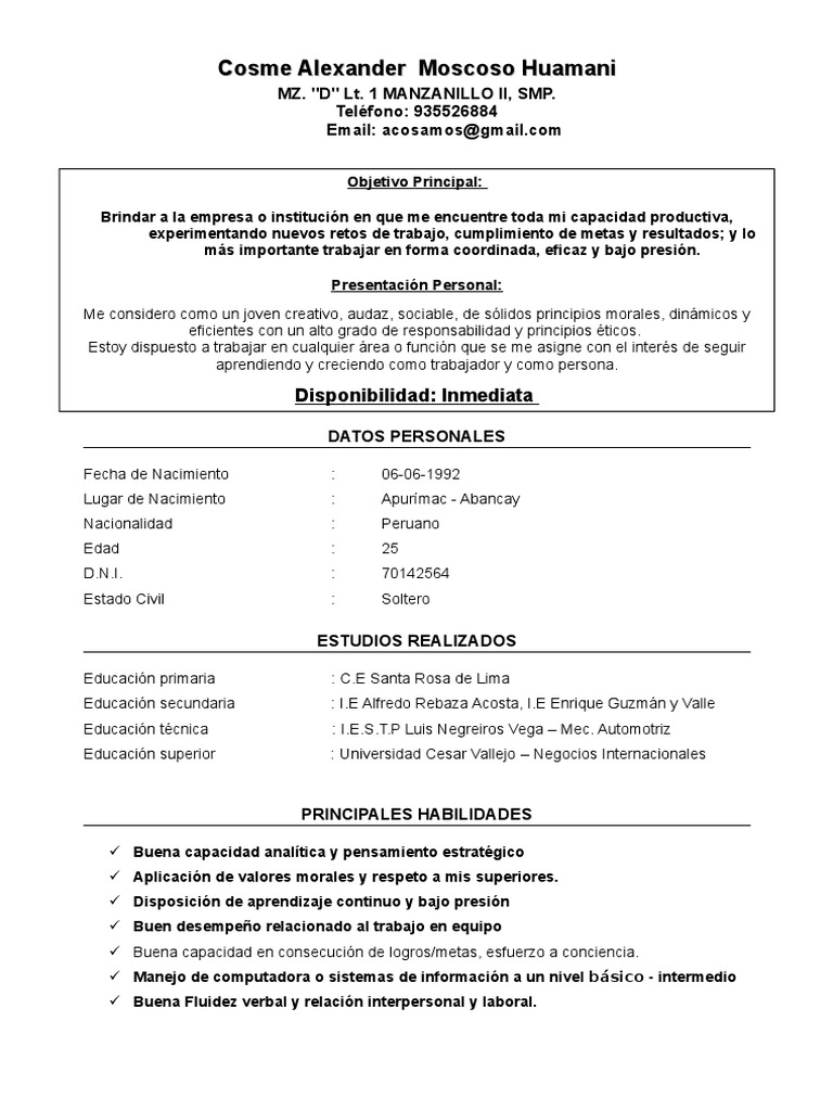 CV Alexander | PDF | Lima | Perú