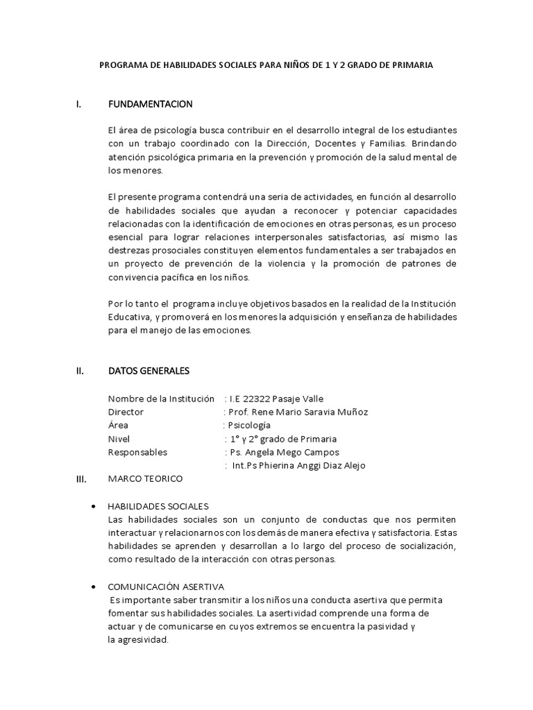Programa de Habilidades Sociales A Niños de 1 y 2 Grado de Primaria ...
