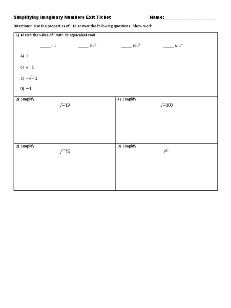 Simplifying Imaginary Numbers Exit Ticket Name | PDF