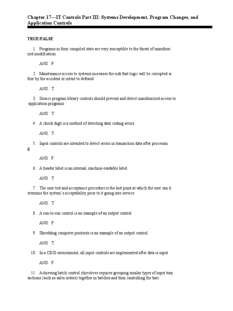 Chapter 17-IT Controls Part III: Systems Development, Program Changes ...