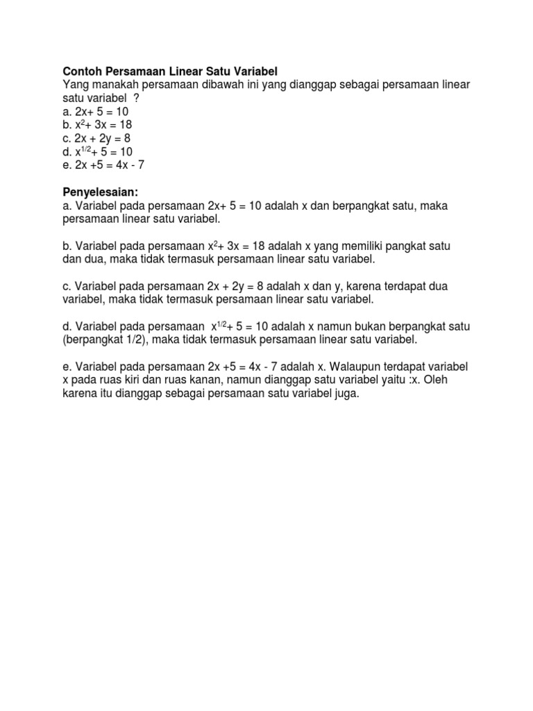 Contoh Persamaan Linear Satu Variabel | PDF