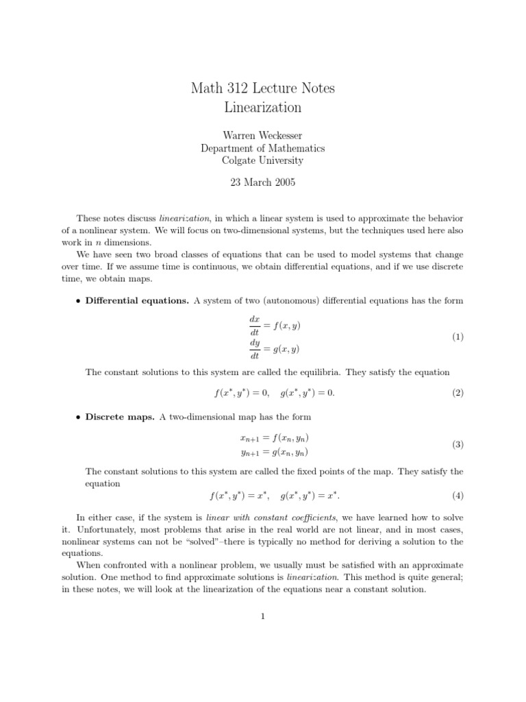 Math 312 Lecture Notes Linearization: Warren Weckesser Department of ...