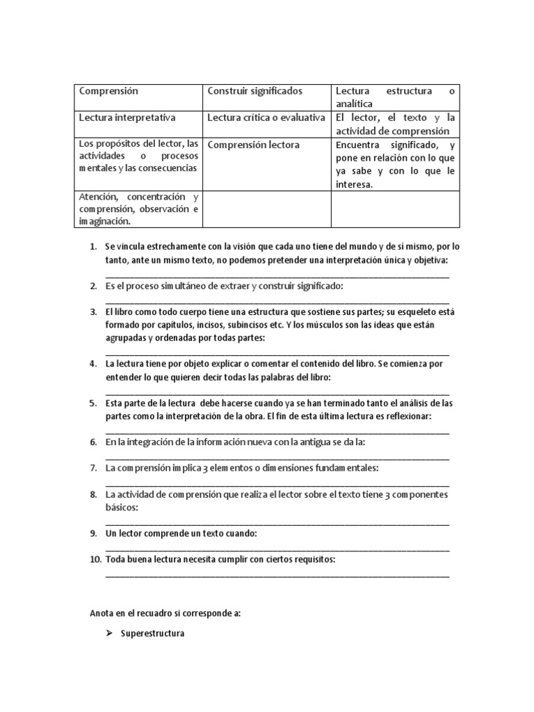 Hoja De Trabajo Para Identificar La Estructura Del Texto Con Respuestas