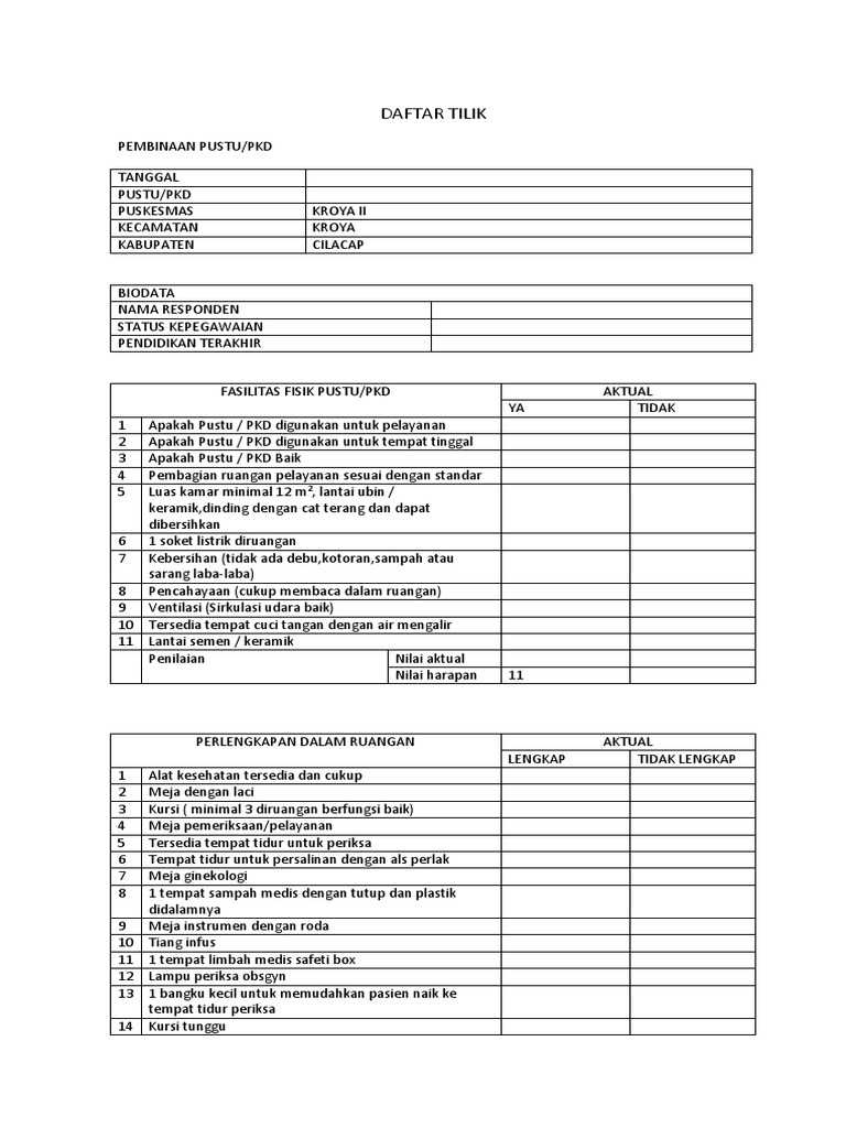 Daftar Tilik Pembinaan Pustu/PKD | PDF
