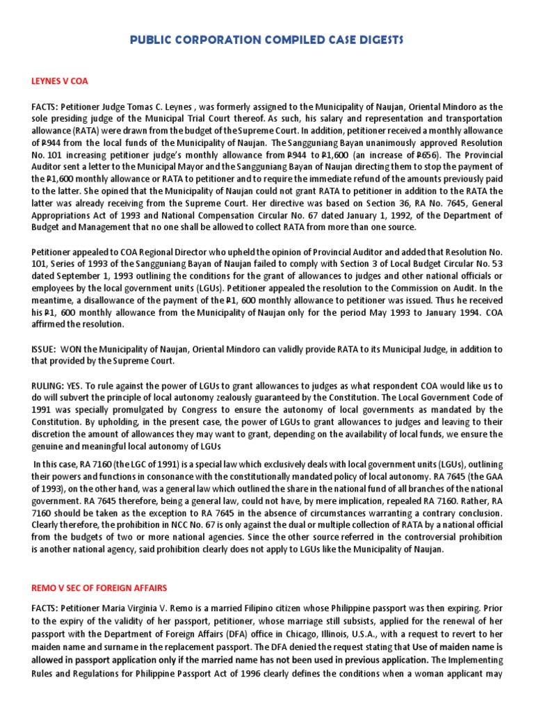 PubCorp - Compiled Case Digests | Download Free PDF | Devolution | Local Government